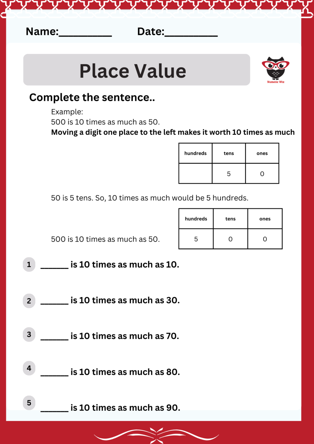 Find the value of digit in place value. - Numericwiz