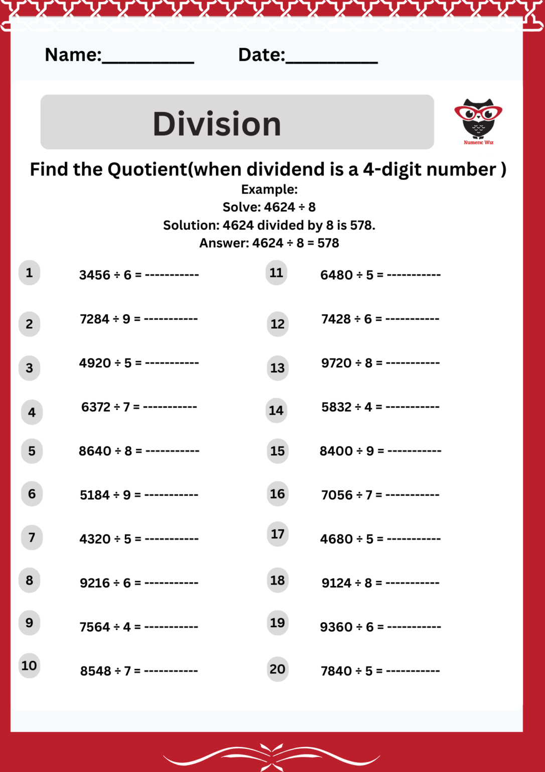 Division with four digit numbers. - Numericwiz