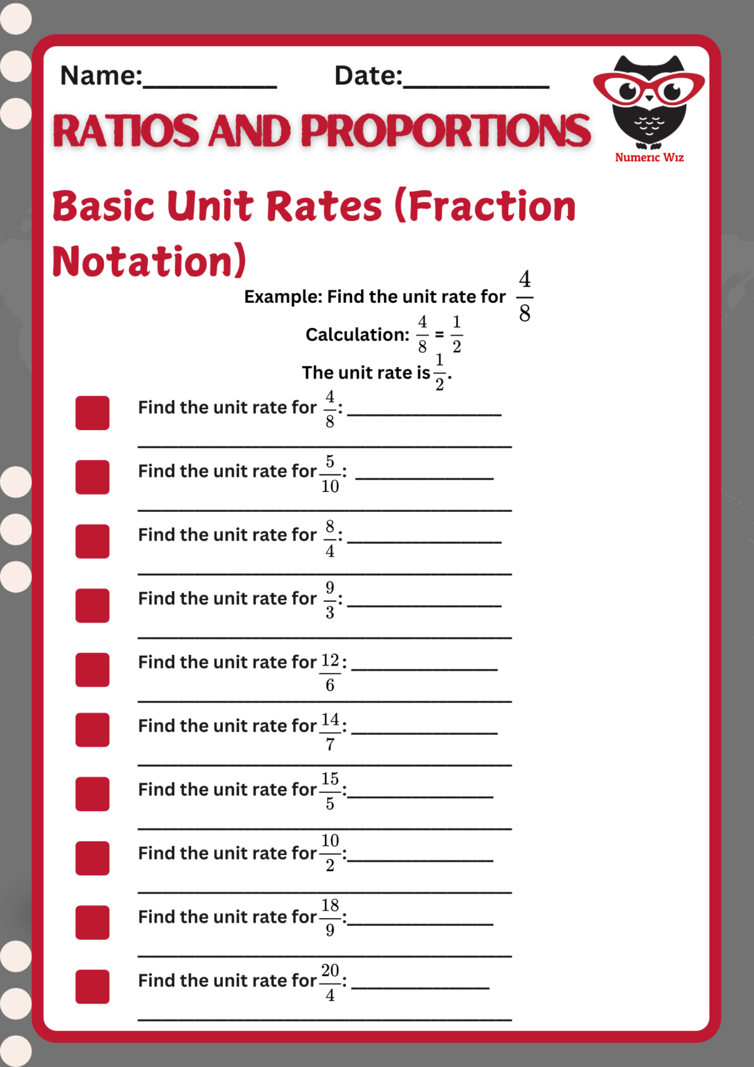 Basic Unit Rates (Fraction Notation) - Numericwiz
