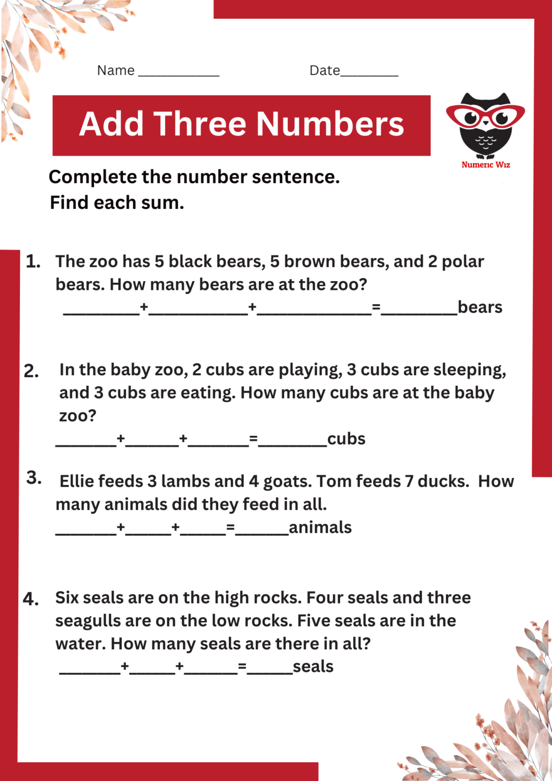 Add Three Numbers |Fun with Zoo & Farm Animals - Numericwiz