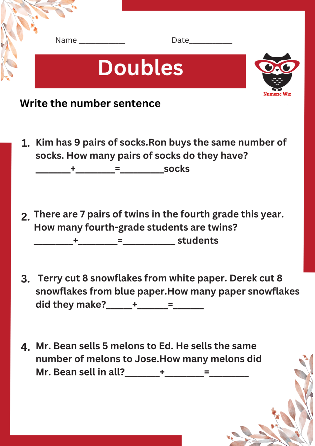 Doubles Addition – Word Problems Worksheet - Numericwiz