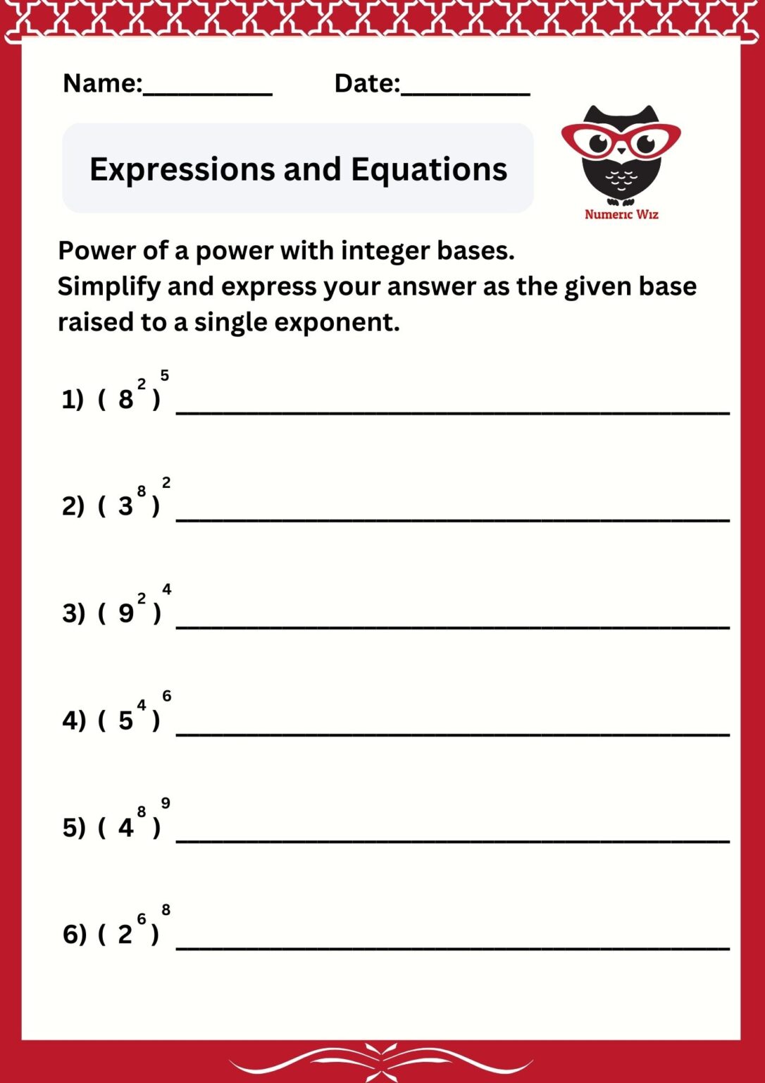 Power of a Power Worksheet | Exponent Rules - Numericwiz