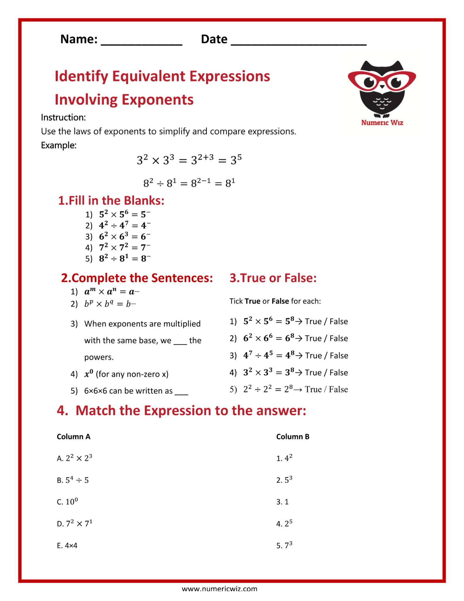 Equivalent Expressions with Exponents - Numericwiz